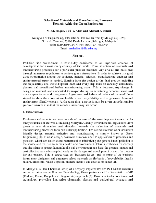 (PDF) Selection of Materials and Manufacturing Processes Towards Achieving Green Engineering