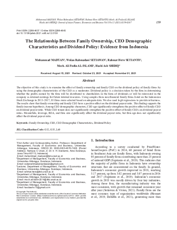 (PDF) The Relationship Between Family Ownership, CEO Demographic Characteristics and Dividend ...