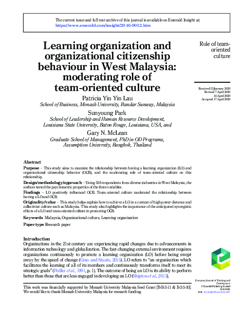 (PDF) Learning organization and organizational citizenship behaviour in West Malaysia ...