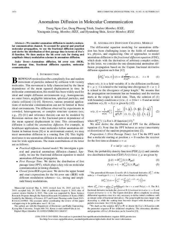 (PDF) Anomalous Diffusion Modeling in Molecular Communication