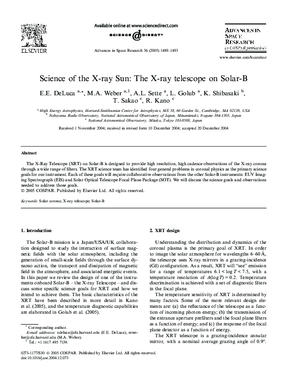 (PDF) Science of the X-ray Sun: The X-ray telescope on Solar-B