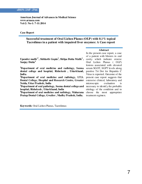 (PDF) Successful treatment of Oral Lichen Planus ( OLP ) with 0 . 1 % topical Tacrolimus in a ...