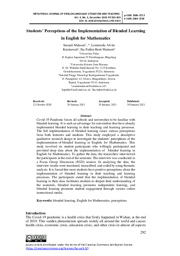 (PDF) Students’ Perceptions on the Implementation of Blended Learning in English for Mathematics ...
