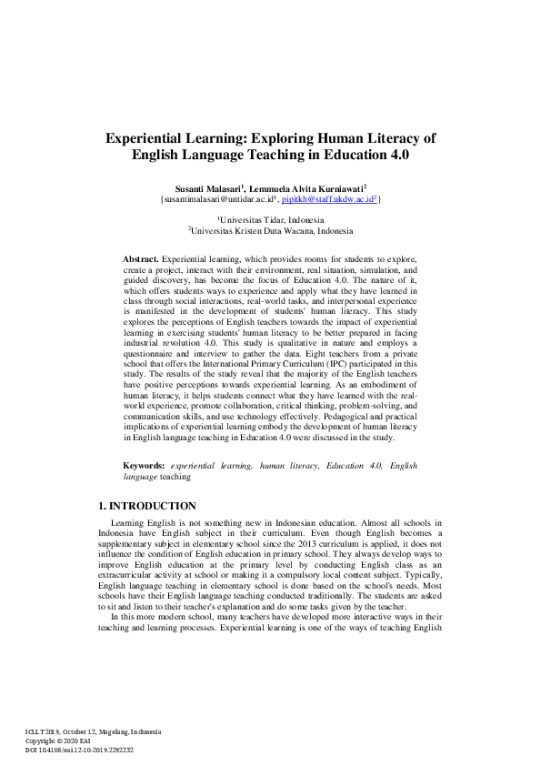 (PDF) Experiential Learning: Exploring Human Literacy of English Language Teaching in Education 4.0