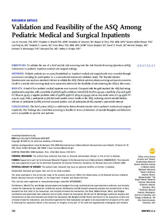 (PDF) Validation and Feasibility of the ASQ Among Pediatric Medical and ...
