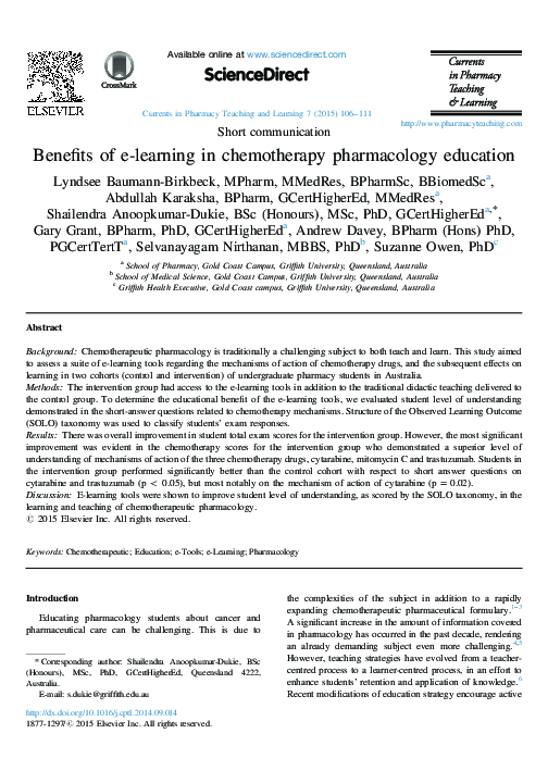 (PDF) Benefits of e-learning in chemotherapy pharmacology education
