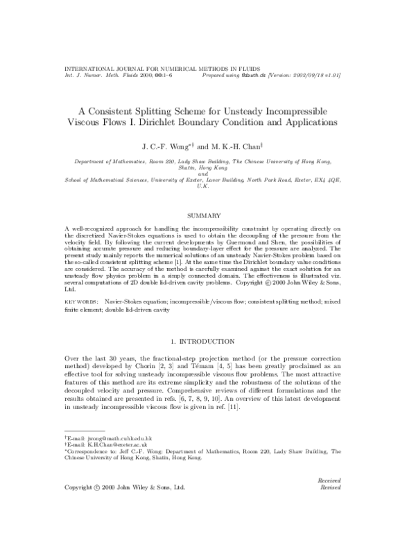 Pdf A Consistent Splitting Scheme For Unsteady Incompressible Viscous Flows I Dirichlet 