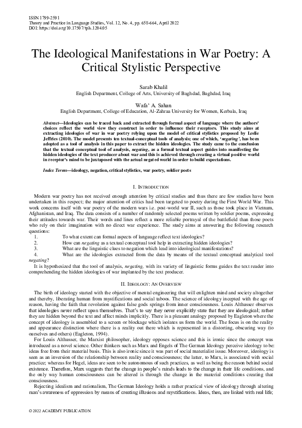(PDF) The Ideological Manifestations in War Poetry: A Critical ...