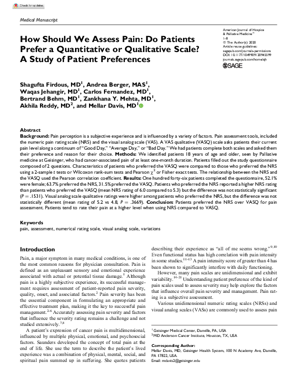 (PDF) How Should We Assess Pain: Do Patients Prefer a Quantitative or ...