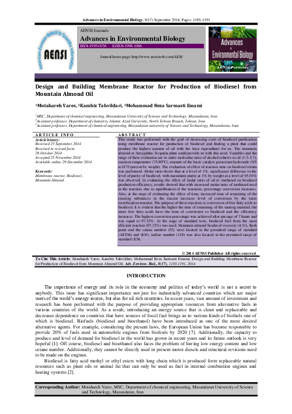 (PDF) Design and building membrane reactor for production of biodiesel ...