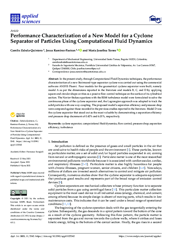 Pdf Performance Characterization Of A New Model For A Cyclone Separator Of Particles Using