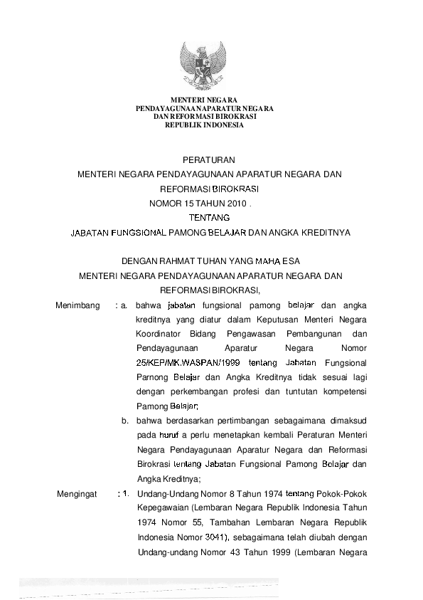 (PDF) MENTERI NEGARA PENDAYAGUNAAN APARATUR NEGARA DAN REFORMASI BIROKRASI REPUBLIK INDONESIA
