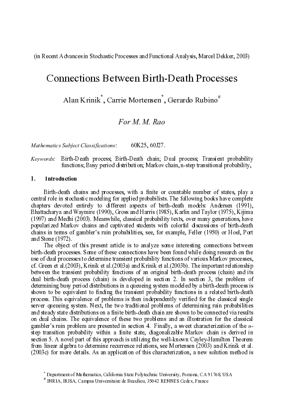 (PDF) Connections Between Birth-Death Processes