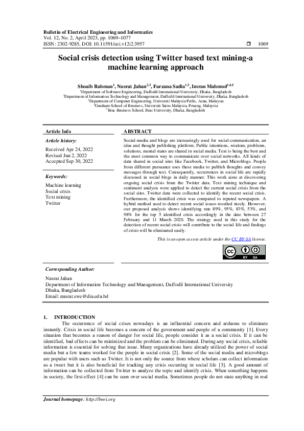 Pdf Social Crisis Detection Using Twitter Based Text Mining A Machine Learning Approach