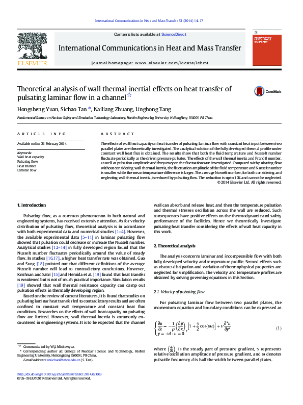 (PDF) Theoretical analysis of wall thermal inertial effects on heat transfer of pulsating ...