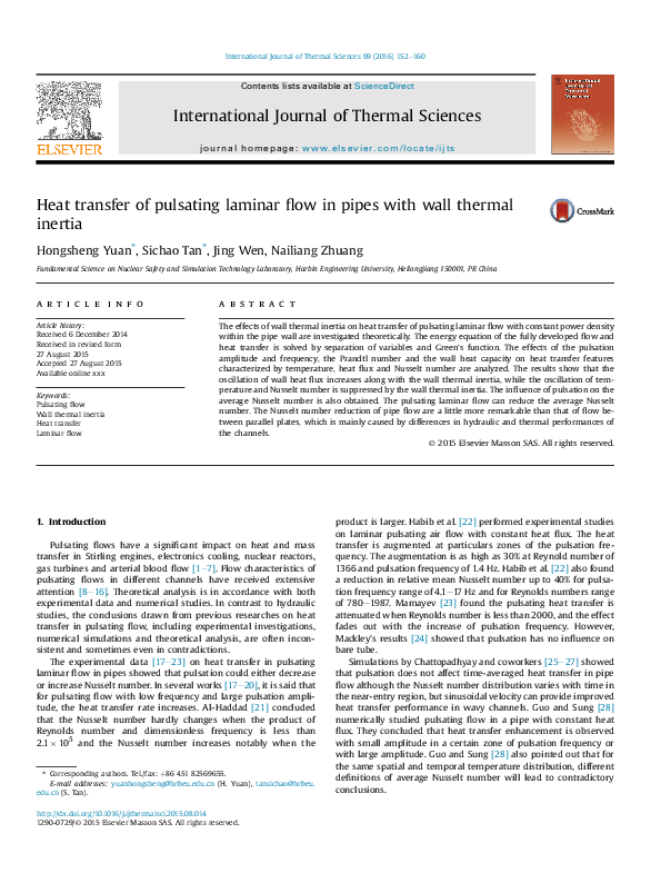 (PDF) Heat transfer of pulsating laminar flow in pipes with wall thermal inertia