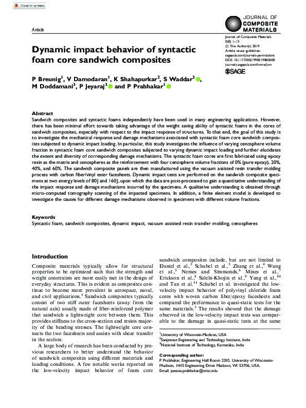(PDF) Dynamic impact behavior of syntactic foam core sandwich composites