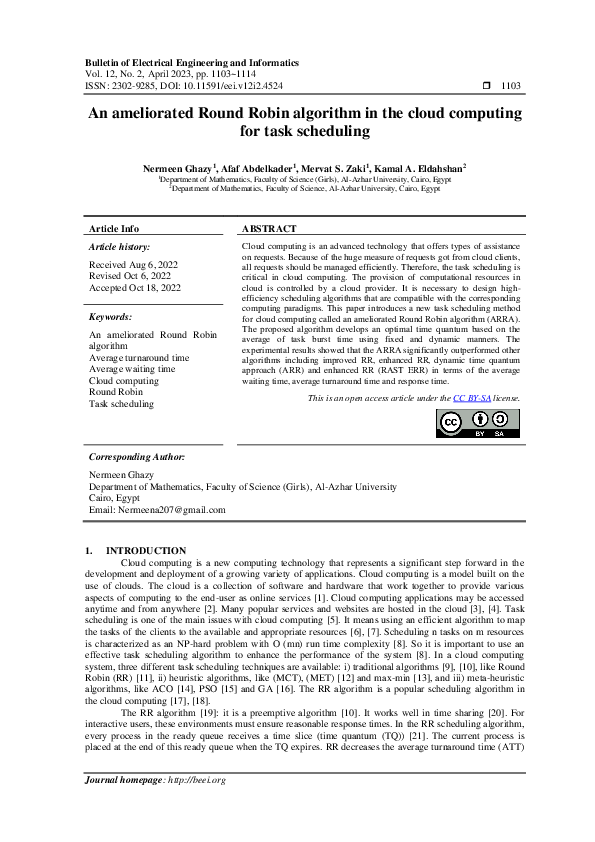 Pdf An Ameliorated Round Robin Algorithm In The Cloud Computing For Task Scheduling