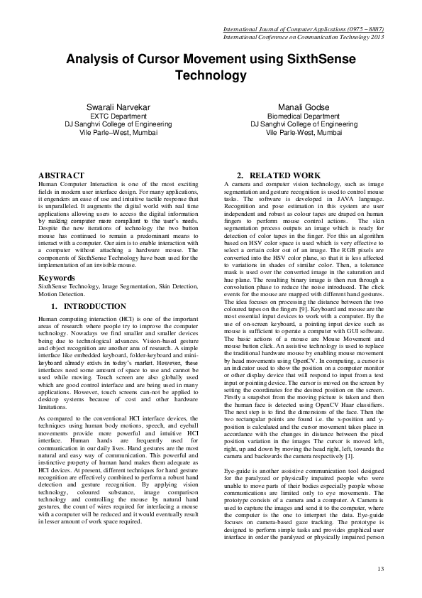 (PDF) Analysis of Cursor Movement using SixthSense Technology