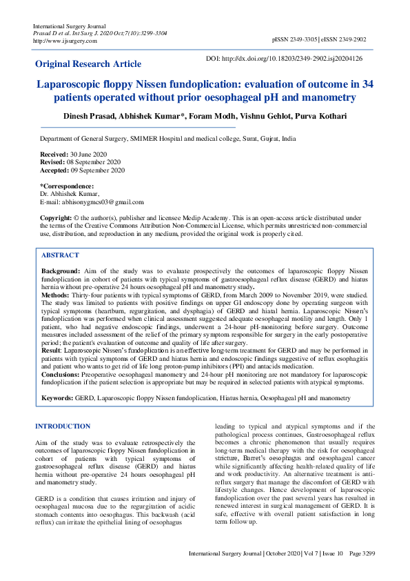 (PDF) Outcomes of Laparoscopic Nissen Fundoplication
