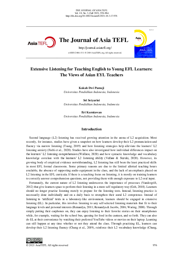 Extensive Listening for Teaching English to Young EFL Learners : The ...