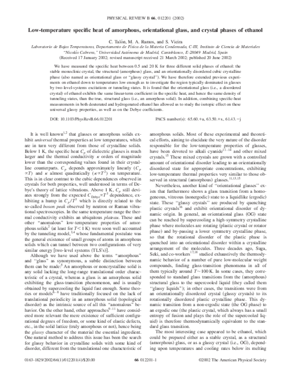 (PDF) Low-temperature specific heat of amorphous, orientational glass ...