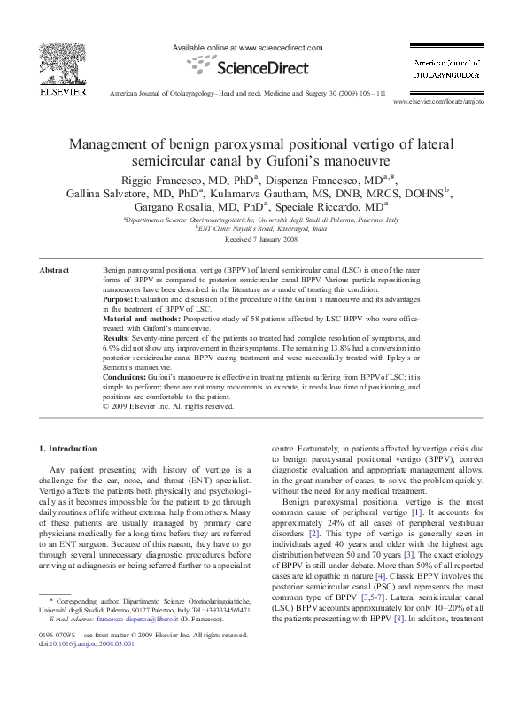 (PDF) Management of benign paroxysmal positional vertigo of lateral ...
