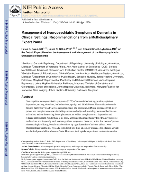 (PDF) Management of Neuropsychiatric Symptoms of Dementia in Clinical ...