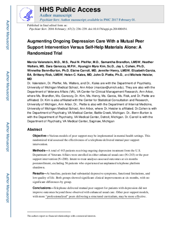(PDF) Augmenting Ongoing Depression Care With a Mutual Peer Support ...