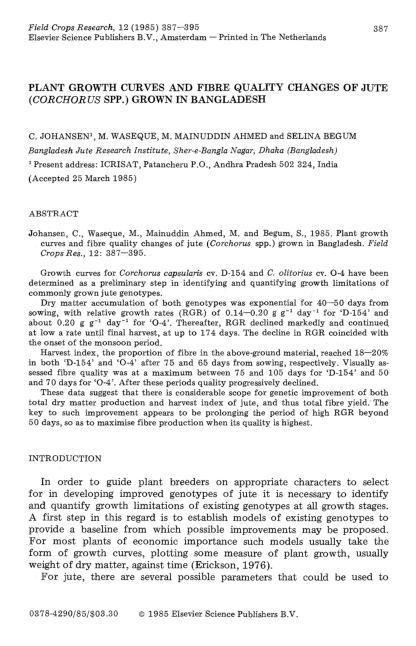 (PDF) Plant growth curves and fibre quality changes of jute (Corchorus spp.) grown in Bangladesh