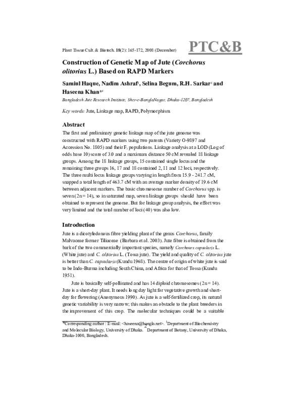 (PDF) PTC&B Construction of Genetic Map of Jute (Corchorus olitorius L ...