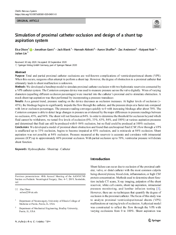 (PDF) Simulation of proximal catheter occlusion and design of a shunt ...
