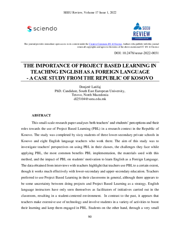 Pdf The Importance Of Project Based Learning In Teaching English As A Foreign Language A