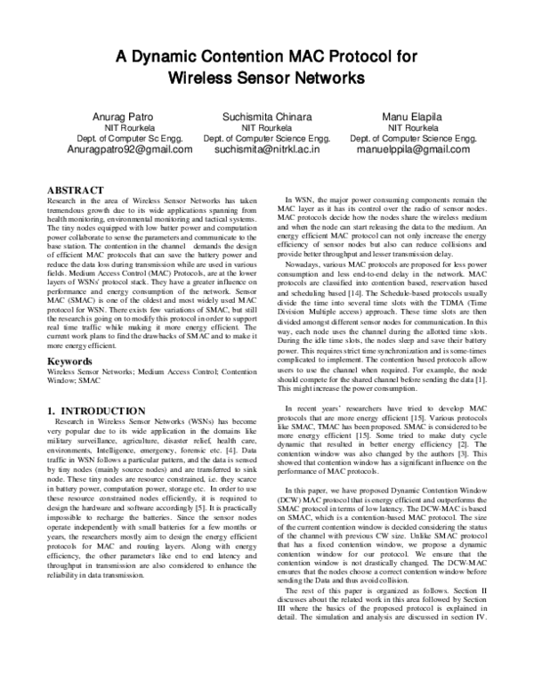 Pdf A Dynamic Contention Mac Protocol For Wireless Sensor Networks Suchismita Chinara