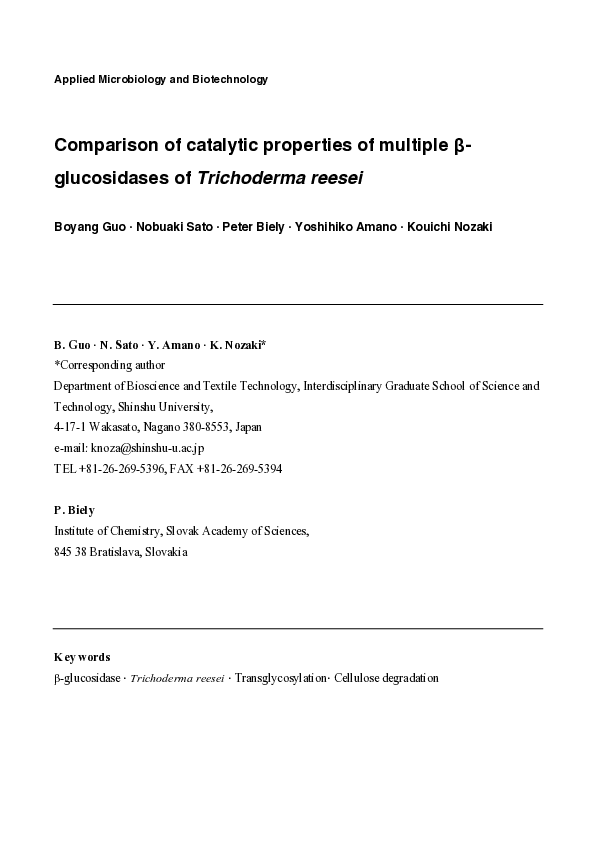 (PDF) Comparison of catalytic properties of multiple β-glucosidases of Trichoderma reesei ...