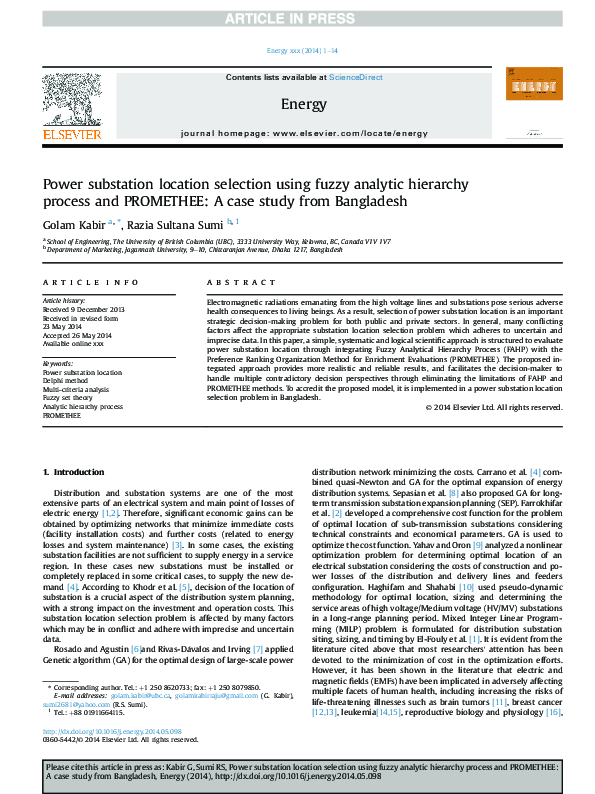 Pdf Power Substation Location Selection Using Fuzzy Analytic Hierarchy Process And Promethee