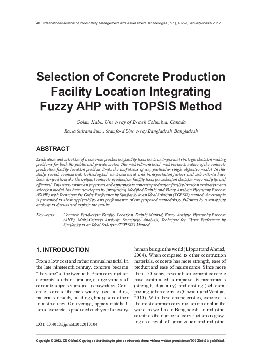 (PDF) Selection of Concrete Production Facility Location Integrating Fuzzy AHP with TOPSIS Method