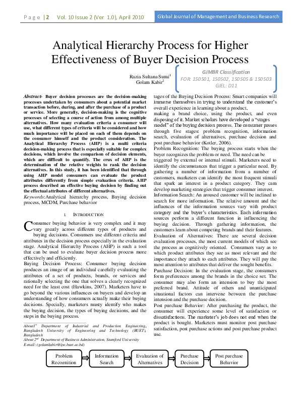 (PDF) Analytical Hierarchy Process for Higher Effectiveness of Buyer Decision Process