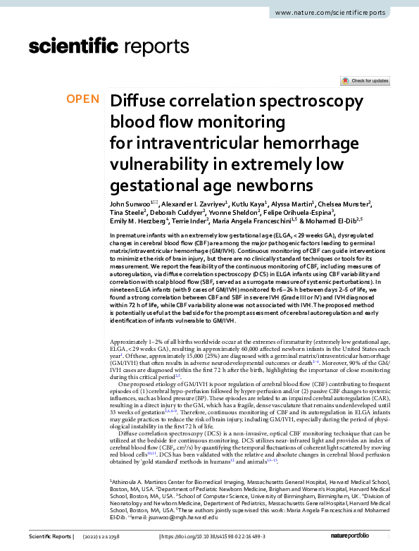 (PDF) Diffuse correlation spectroscopy blood flow monitoring for intraventricular hemorrhage ...