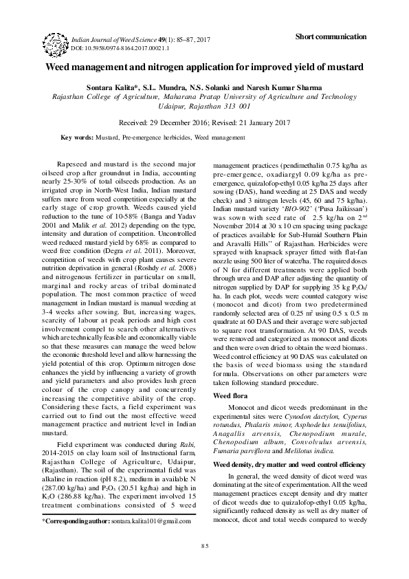 (PDF) Weed management and nitrogen application for improved yield of mustard