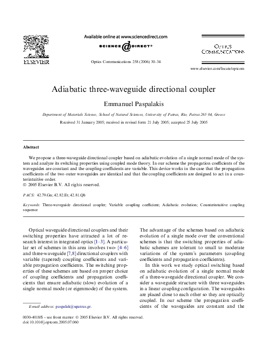 Pdf Adiabatic Three Waveguide Directional Coupler