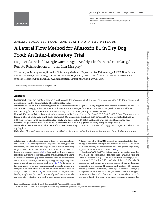 (PDF) A Lateral Flow Method for Aflatoxin B1 in Dry Dog Food: An Inter ...