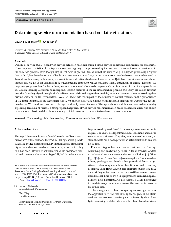 (PDF) Data mining service recommendation based on dataset features