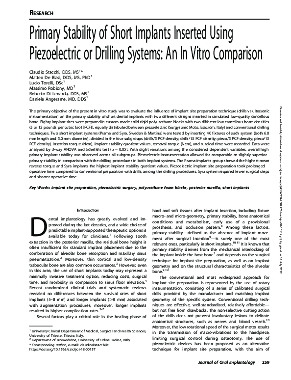 (PDF) Primary Stability of Short Implants Inserted Using Piezoelectric or Drilling Systems: An ...