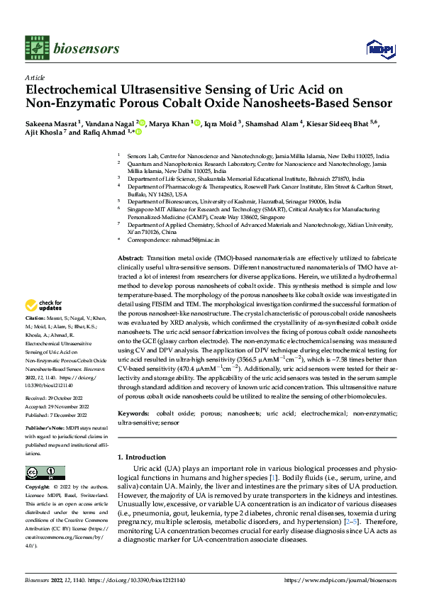 (PDF) Electrochemical Ultrasensitive Sensing of Uric Acid on Non ...