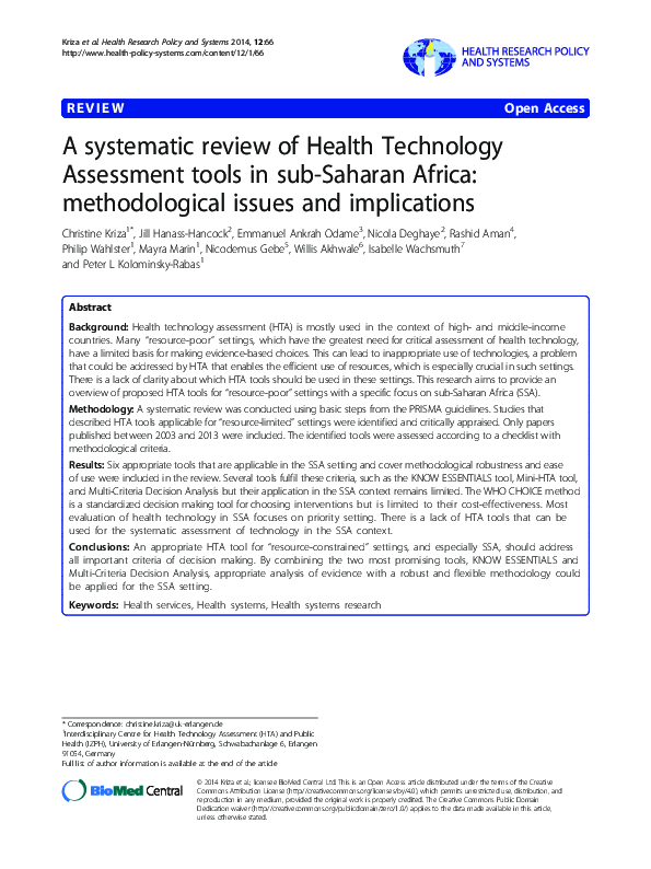 (PDF) A systematic review of Health Technology Assessment tools in sub-Saharan Africa ...