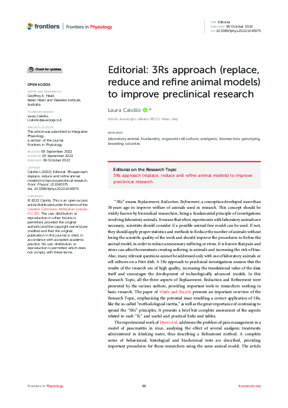 (PDF) Editorial: 3Rs approach (replace, reduce and refine animal models ...