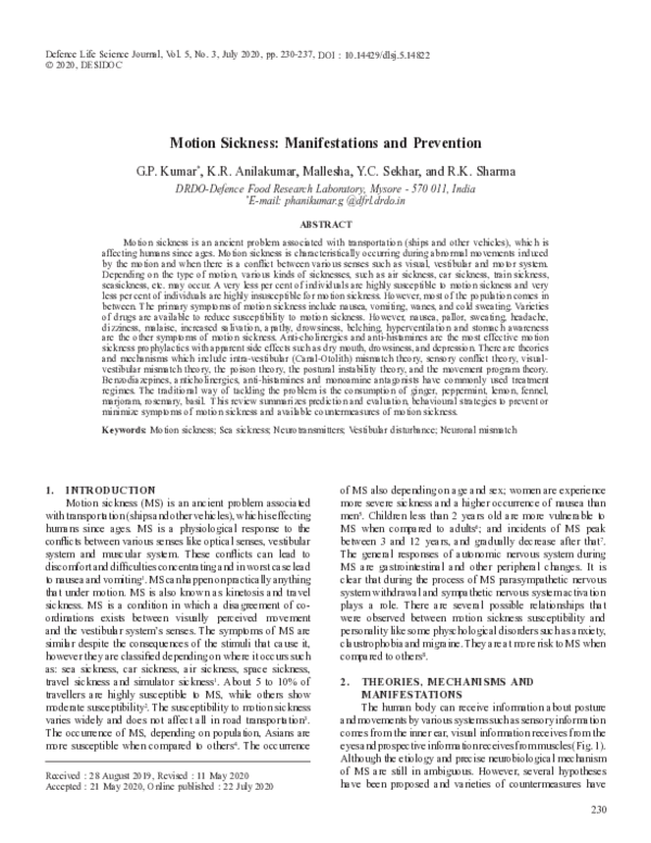 (PDF) Motion Sickness Manifestations and Prevention