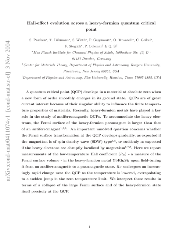 (PDF) Hall-effect evolution across a heavy-fermion quantum critical point