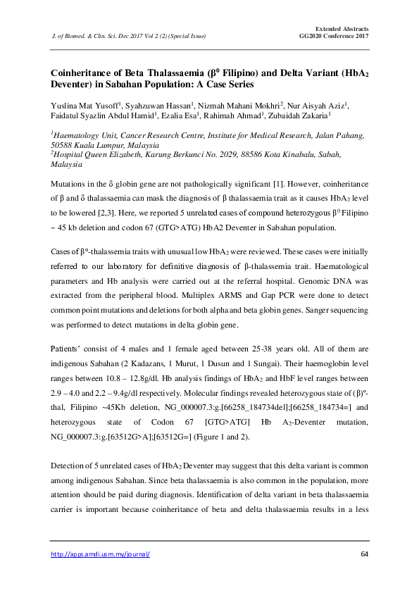 (PDF) Coinheritance of Beta Thalassaemia (β0 Filipino) and Delta ...